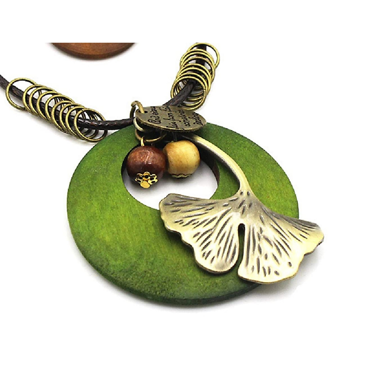 Les umes Vintage Necklace Wooden Pendant Long Necklaces for Women Boho Ethnic Style Handmade Jewelry Ginkgo Green