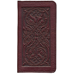 Oberon Design Celtic Hounds Embossed Genuine Leather Checkbook Cover, 3.5x6.5 Inches, Wine, Made in the USA