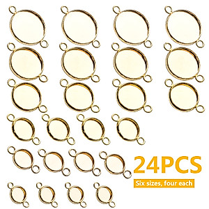 24pcs Gold Stainless Steel Cabochon Connectors Settings Round Blank Bezel Pendant Connector Trays Cabochon Pendant Bezel Blanks Links for DIY Jewelry Making,6 Sizes