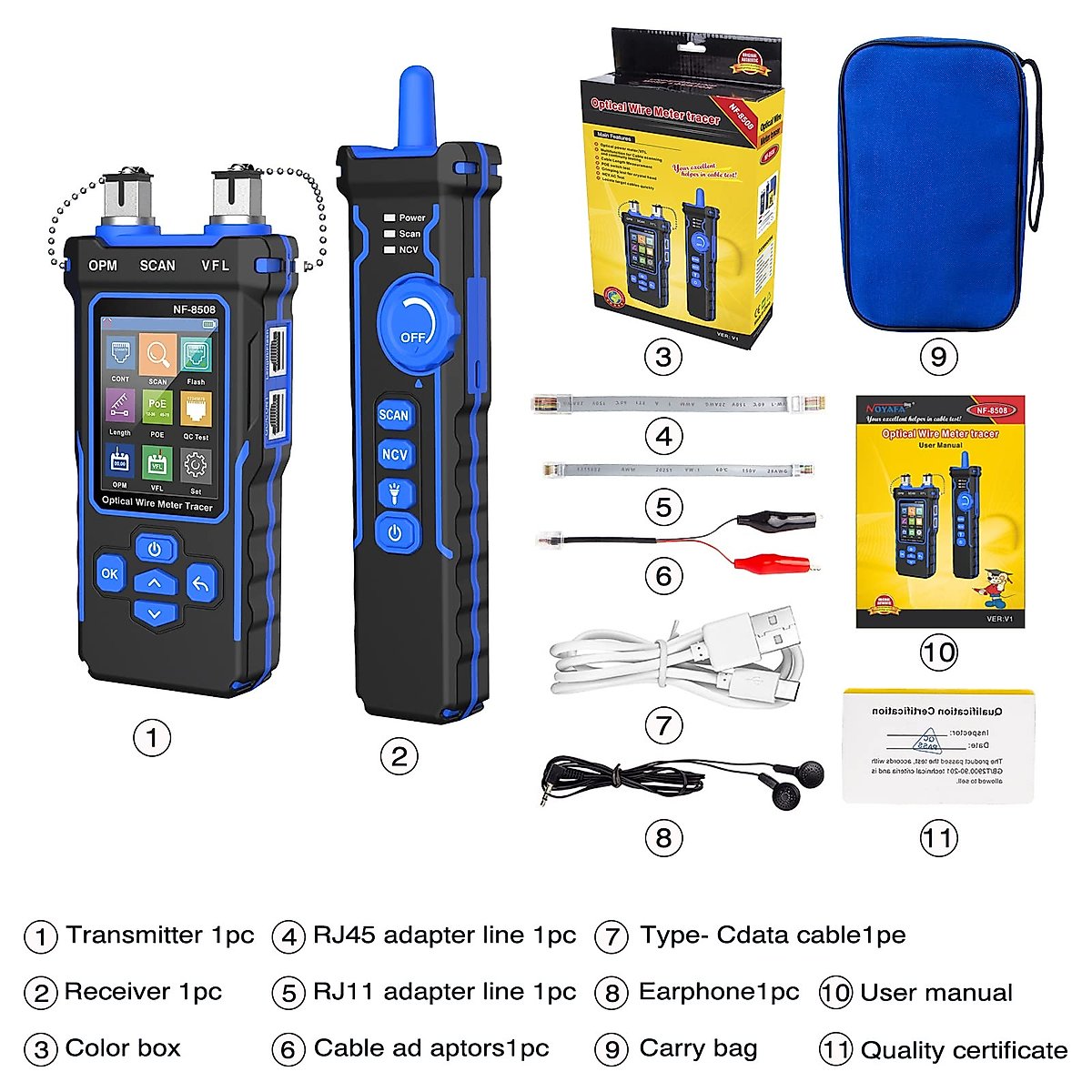 NOYAFA Network Cable Tester with Optical Power Meter VFL, CAT5 CAT6 Cable Toner Ethernet Cable Tester, RJ11 RJ45 Network Tester for Telephone, Ethernet, Video, PoE Tester Wire Tracer Fiber Tester