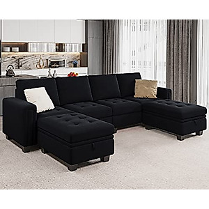 Belffin Velvet U Shaped Sectional Sofa Couch with Storage Ottoman Convertibel Sectional Sofa with Reversible Chaises Black