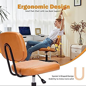 OLIXIS Armless Home Office Desk Chair with PU Leather Low Back Lumbar Support and Wheels, Height Adjustable No Arms for Bedroom, Study Small Space, Brown