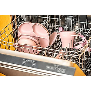 Tiny Tots - Baby Led Weaning Supplies - Feeding Essentials - Baby suction paltes & supplies: Bib, Suction Bowl & Suction Plate, Collapsible Cup, and Utensils - Easy to use feeding set (Pink)