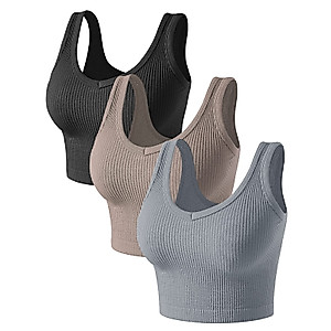 Womens Crop Tops Basic Sleeveless Both V-Neck and Round Neck 3 Pieces Black White Ribbed Seamless Casual Cami Tank Tops(P055 Bl/Gr/Kh M)