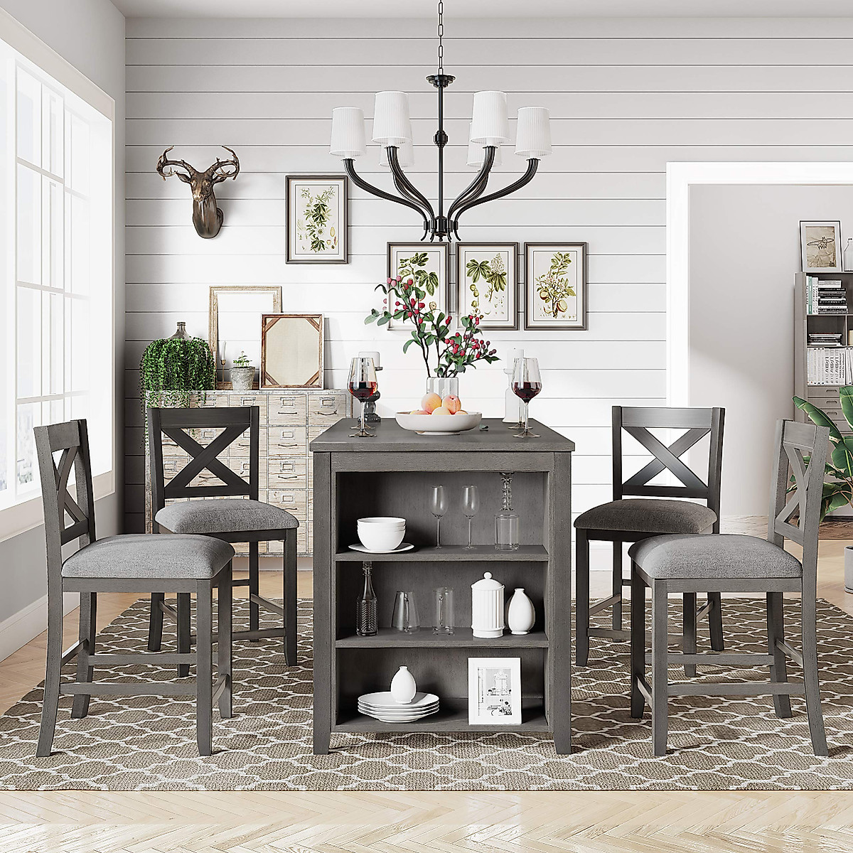 Bellemave Counter Height Dining Table Set for 4 5 Piece Bar Height Farmhouse Table and Chairs with Storage Shelf Dinning Room Small Breakfast Table Set Pub Table and Chairs Set of 4, Gray