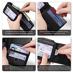 CALFART RFID Slim Front Pocket Wallets For Men - Genuine Leather Credit Card Mens Bifold Wallet With 2 ID Windows Zipper Coin Stylish Passcase