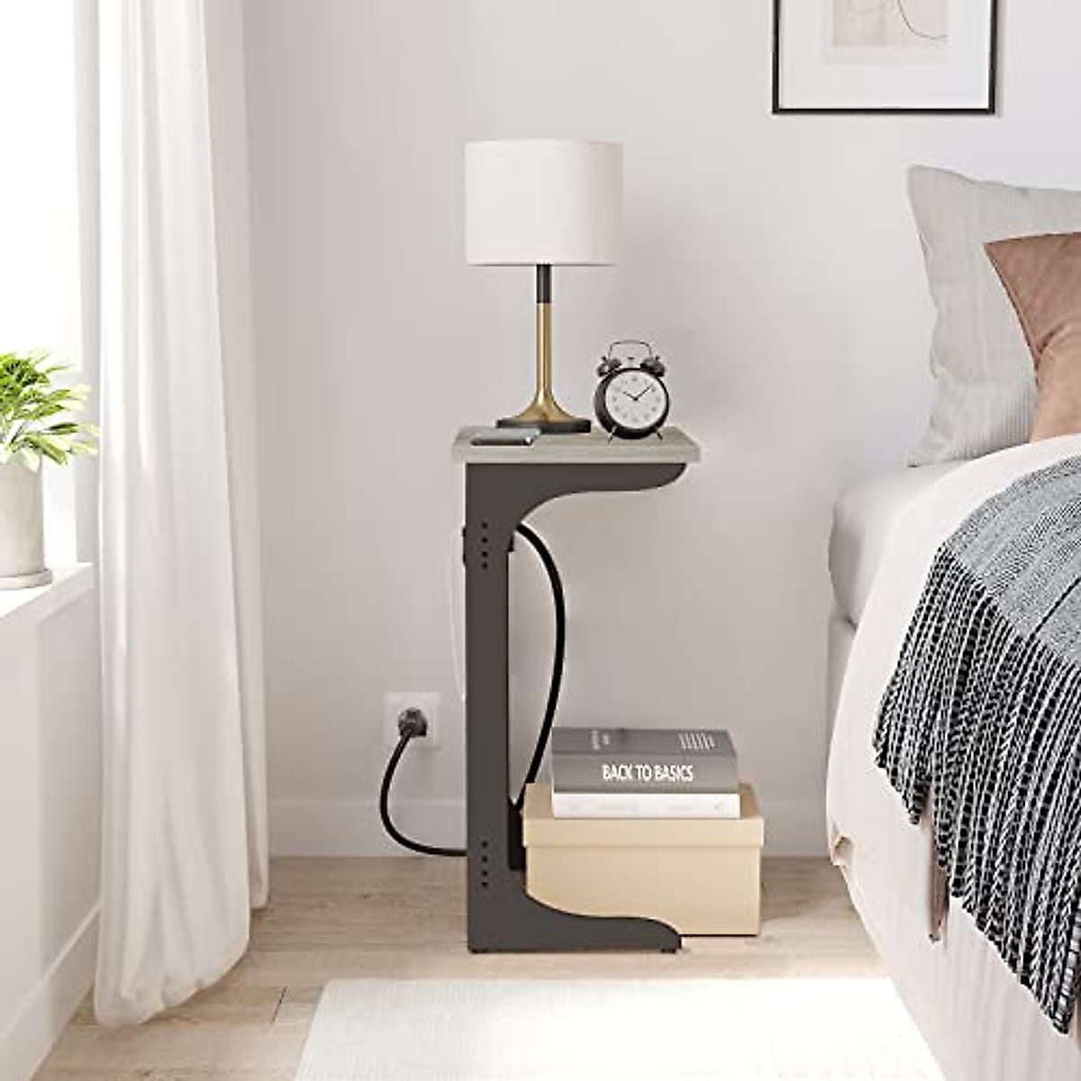 TUTOTAK C Shaped End Table with Charging Station, Tv Tray Table with 2 USB Ports and Outlets, Couch Table, Snack Table, Sofa Side Table for Small Spaces, Living Room, Bedroom TB01BG044