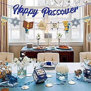 JOYMEMO Happy Passover Banner Glitter Passover Party Decorations - Bunting Garland with 8 Pesach Cutouts for Passover Seder, Jewish Holiday, Hanukkah Home Decor