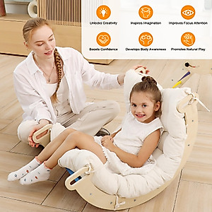 Ymonlia 2 in 1 Montessori Climbing Arch for Toddlers,Rainbow Wooden Climbing Arch Rocker& Cushion,Pillow for Arches，Climbing Triangle Ramp,Montessori Climbing Gym for Kids 0-8