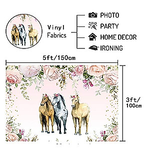 Pink Flower Countryside West Cowboy Cowgirl Horse Party Photo Backdrops 5x3ft Children Boy or Princess Girl Birthday Photography Background Baby Shower Party Supplies Banner Cake Table Decor Vinyl