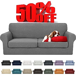 YEMYHOM Latest Checkered 3 Pieces Couch Covers for 2 Cushion Couch High Stretch Sofa Cover with 2 Extra Large Seat Cushion Covers Anti Slip Elastic Slipcovers (Light Gray), 71"-91"(2 CUSHIONS)