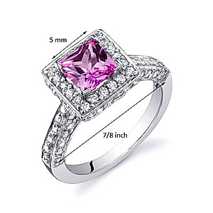 PEORA Created Pink Sapphire Princess Halo Ring Sterling Silver 1.00 Carats Size 8