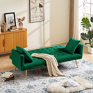72"Modern Velvet Sofa Bed Futon,Convertible Folding Sleeper Bed Couches with 3 Adjustable Backrests,Tufted Recliner Love Seat with Golden Chrome Legs for Living Room Apartment Home Office (Green)