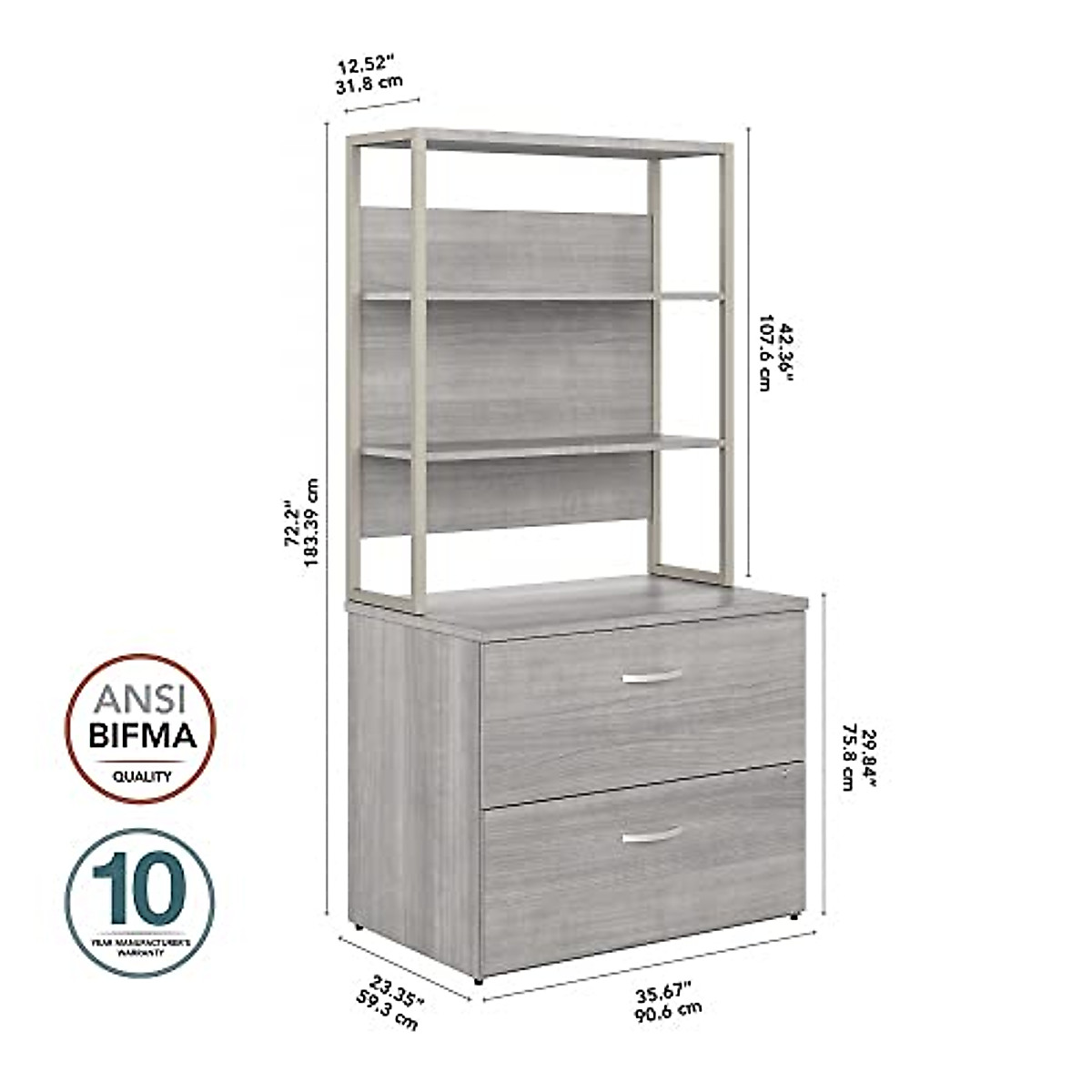 Bush Business Furniture Hybrid 2 Drawer Lateral File Cabinet with Shelves, Platinum Gray