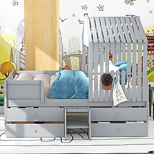 Full Size House Bed for Kids, Full Bed Frame with 4 Storage Drawers, Fences and Roof, Solid Wooden Low Loft Bed Full Platform Bed Frame for Kids Teens Girls & Boys (Full, Gray)