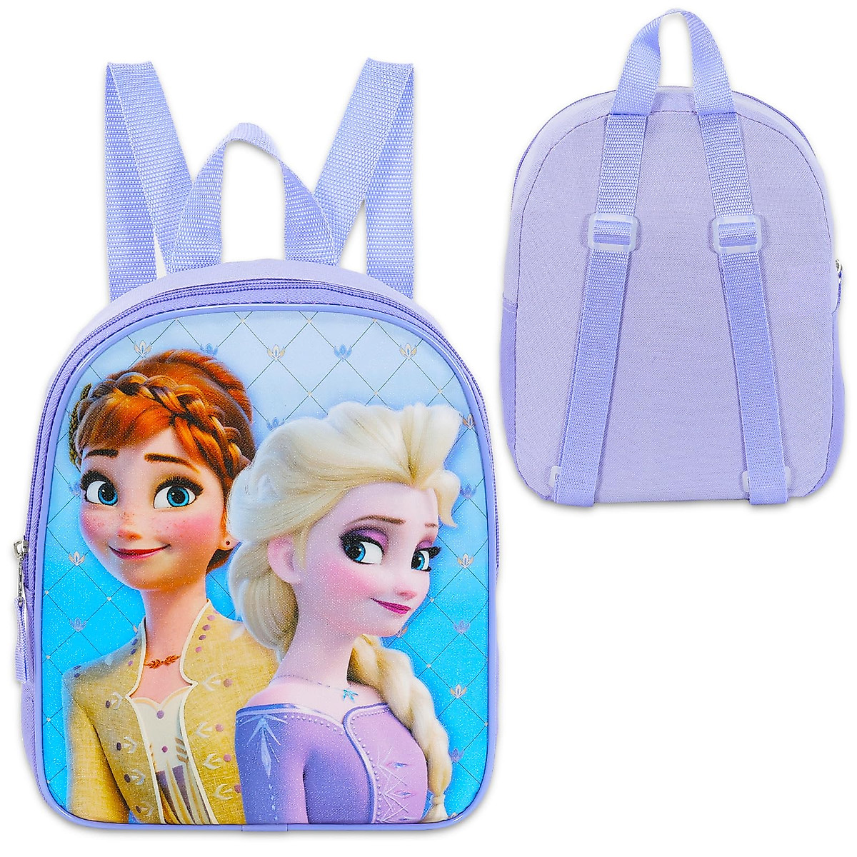 Walt Disney Studio Frozen MINI Backpack For Girls, Kids ~ 4 Pc Bundle With 11In School Bag, 300 Stickers, Coloring Pages, Disney Frozen backpack (Anna Elsa Supplies Travel Set),