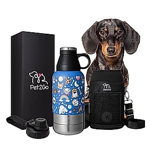 PET2GO Dog Travel Water Bottle (32oz) with Treat Holder & Detachable Bowls | Insulated, Portable Stainless Steel Water Dispenser for Pets | Dog Walking Accessory | Outdoor Dog Beach Gear (Blue)