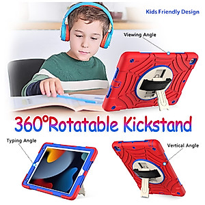 BMOUO Case for iPad 9th/8th/7th Generation - 10.2 Inch 2021/2020/2019 with Screen Protector, 360 Rotating Stand Hand & Shoulder Strap Shockproof Kids Case for iPad 9/8/7 Gen, Red