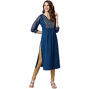 Janasya Indian Women's Teal Poly Crepe Kurta for Women