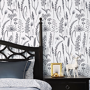 JiffDiff Peel and Stick Wallpaper Black and White Floral Wallpaper Farmhouse Wildwood Wheat Meadow Removable Wallpaper for Bedroom Modern Wallpaper Renter Friendly 118"X17.3"