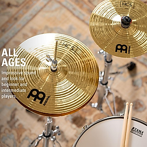 Meinl Cymbals HCS Cymbal Set Box Pack for Drums with 13" Hihats, 14" Crash, Plus Free 10" Splash, Sticks, Lessons — Made in Germany — Durable Brass, 2-Year Warranty, Traditional Finish (HCS1314