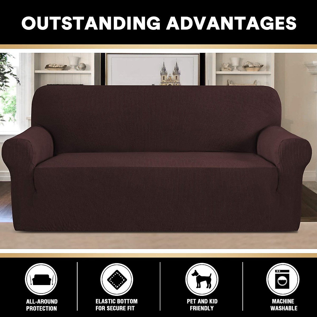 PrinceDeco Stretch Sofa Cover Slipcover Couch Covers for 3 Cushion Couch Furniture Protector Sofa Covers with Non Slip Elastic Bottom Dogs Pet Friendly Fitted (Sofa, Brown)