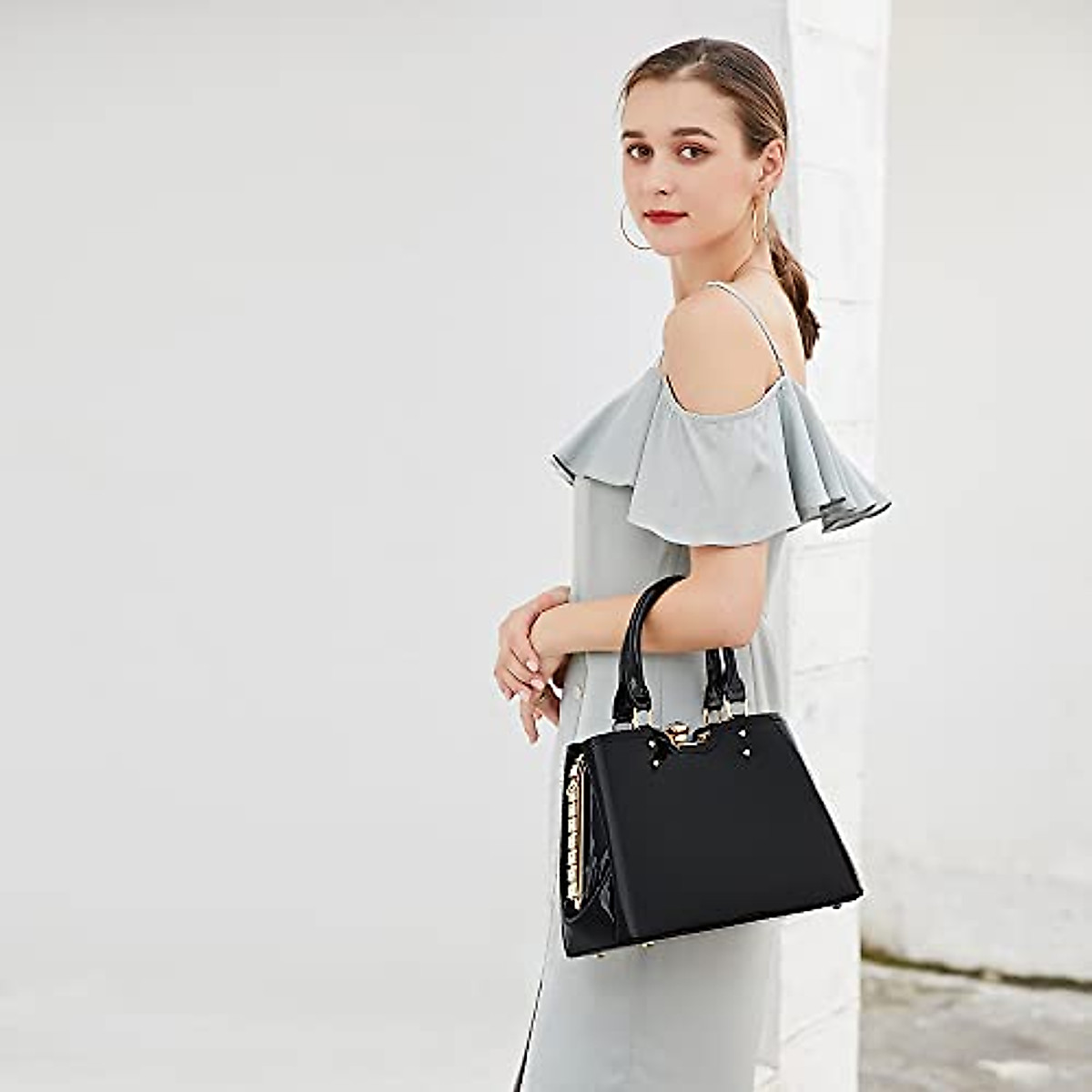 Style Strategy black purses patent leather Satchel handbags for women Top Handle with kiss lock Shoulder bags crossbody for women