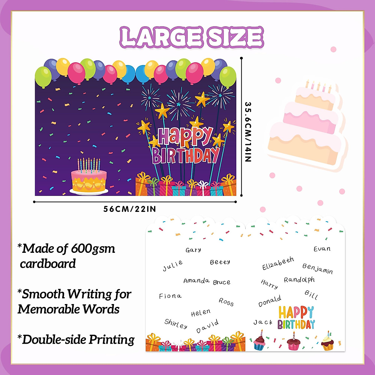 Yoqipati Jumbo Birthday Card Giant Guest Book, 14 x 22 inches Giant Large Birthday Greeting Cards for Girl Boy Birthday Supplies, Excluding Envelope(Purple)