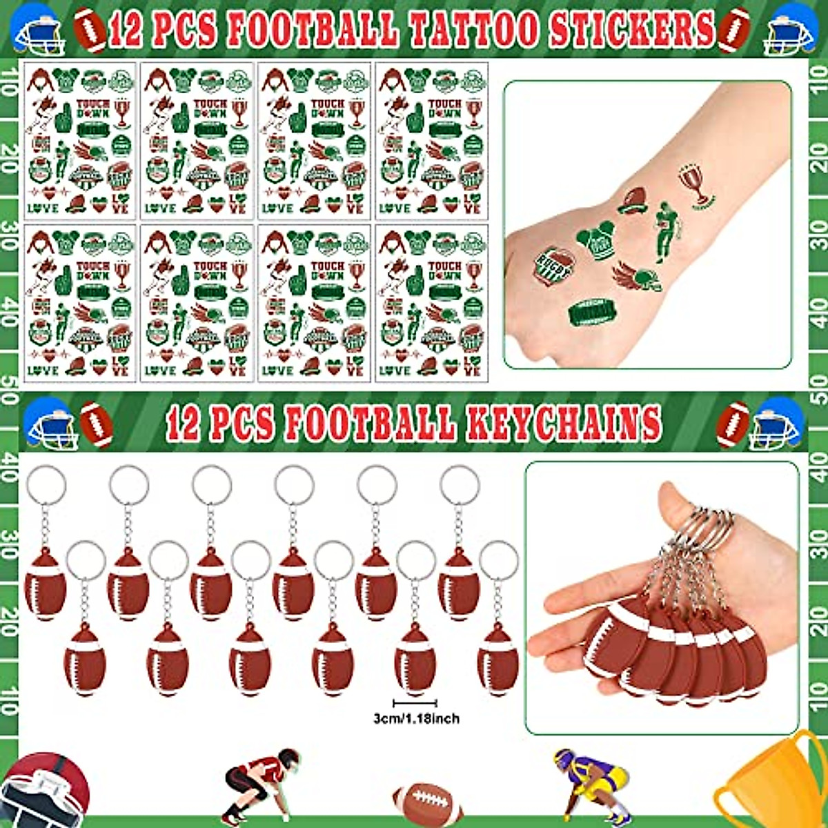 Football Party Favors 72 PCS Football theme Slap Bracelet Keychain Tattoo Stickers Plastic Straws Silicone Bracelet Gift Bags for Kids Sports Theme Birthday Party Gift Giving Classroom Rewards