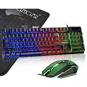 Gaming LED Backlit Keyboard and Mouse Combo CHONCHOW USB Wired Rainbow Key Board Mice Set Mechanical Feeling Compatible with PS4 PC Windows Mac Black