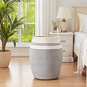 OIAHOMY Laundry Hamper Woven Cotton Rope Large Clothes Hamper 25.6" Height Modern Curve Basket with Extended Cotton Handles for Storage Clothes Toys in Bedroom, Bathroom, Foldable (White & light grey)