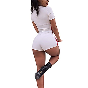 EOSIEDUR Women Summer Sexy Sportswear V Neck Short Sleeve Color Stripe Slim Fit Tracksuit Jumpsuits Rompers, White Small