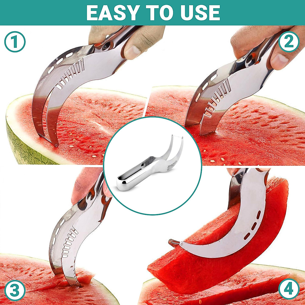 Watermelon Slicer Cutter. Stainless Steel, Sharp Blade, Ergonomic Design, Comfortable Grip, Compact Size, Save time, No Messy Cutting, Reduce Food Waste. Cantaloupe, Honeydew, even Pineapple.