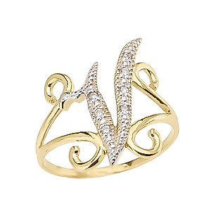 Initial Rings 14k Yellow Gold Modern Cursive V Diamond (Size 7.25)