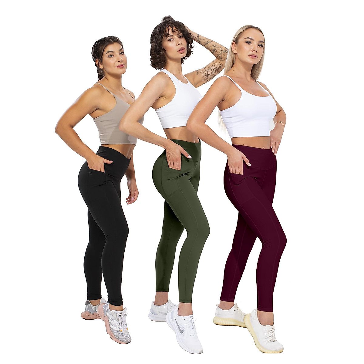 CHRLEISURE Leggings with Pockets for Women, High Waisted Tummy Control Workout Yoga Pants(5 Packs Black,Navy,Brown,Cassis,Green, M)