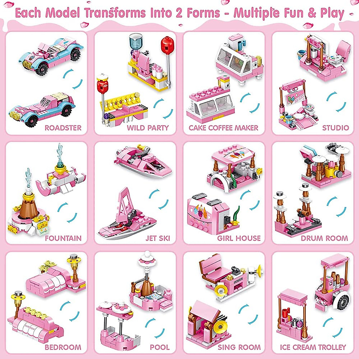 Girls Building Blocks Toys 553 Pieces Ice Cream Truck Set Toys for Girls 25 Models Pink Building Bricks Toys STEM Toys Construction Play Set for Kids Best Gifts for Girls Age 6-12 and Up