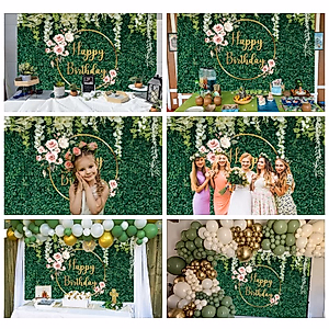 Greenery Happy Birthday Backdrop for Women Girls Flower Green Grass Backdrop Wall for Party Birthday Background Photography for Photoshoot Banner Decoration 7x5ft