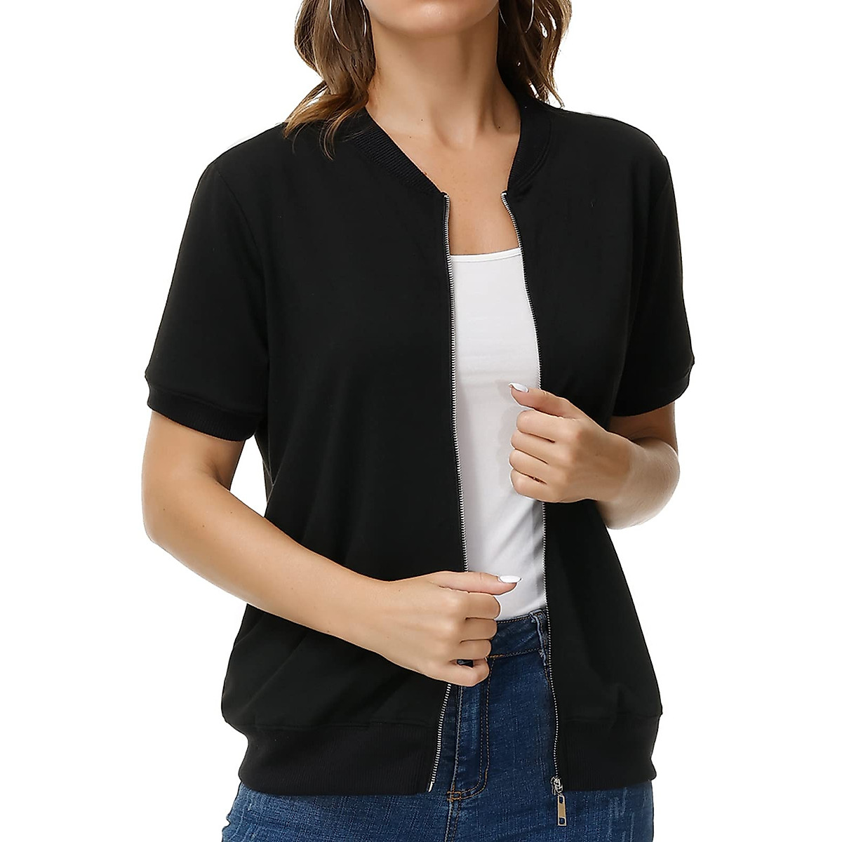 KANCY KOLE Womens Short Sleeve Sweatshirt with Pockets Full Zip Jacket Casual Pullover Shirt for Women(M,Black)