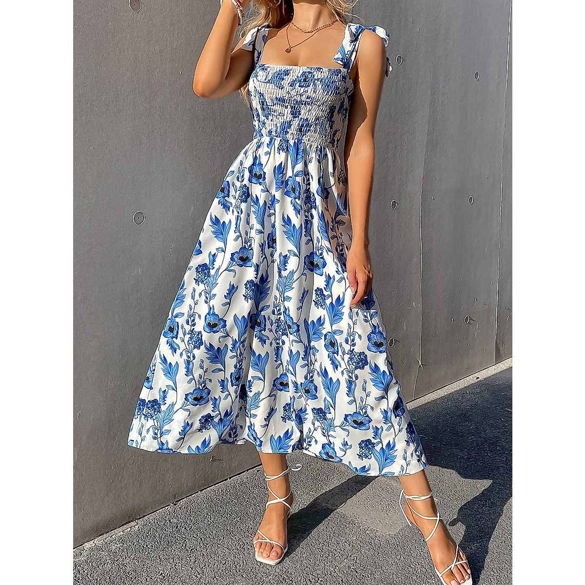 MakeMeChic Women's Summer Boho Dress Casual Floral Print Spaghetti Strap Square Neck Long Maxi Dress Beach Sun Dress A Blue and White M