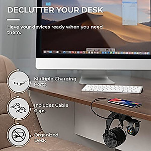 HumanCentric Hook and Charge Headphone Hanger with USB Charger, Under Desk Headphone Mount + Headphone Stand, Charge Accessories with 3 USB A Ports, Hook Headphones on Headset Holder Desk Hook, Black
