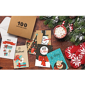 Better Office Products Christmas Holiday Greeting Card Set, 100 Pack, 4 x 6 Inch, 12 Assorted Custom Illustrative Designs, Blank Inside, Complete with Envelopes, 100 Christmas Cards Set