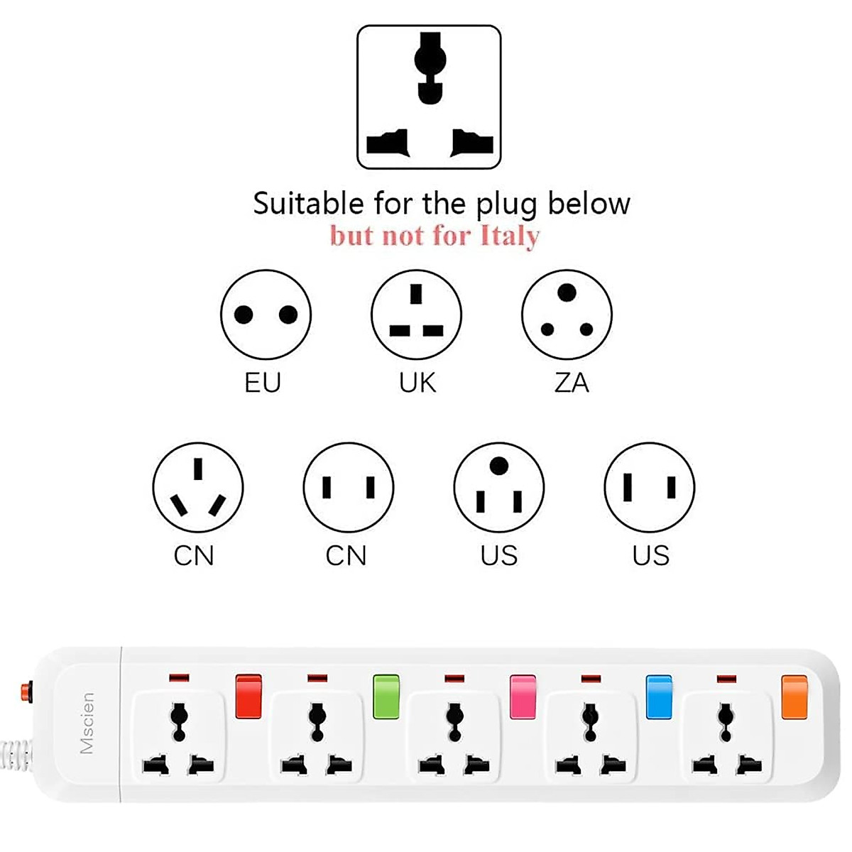 Mscien European Travel Plug Adapter Individual Switched, 5 Way Universal Power Strip with 1.8M Extension Cord