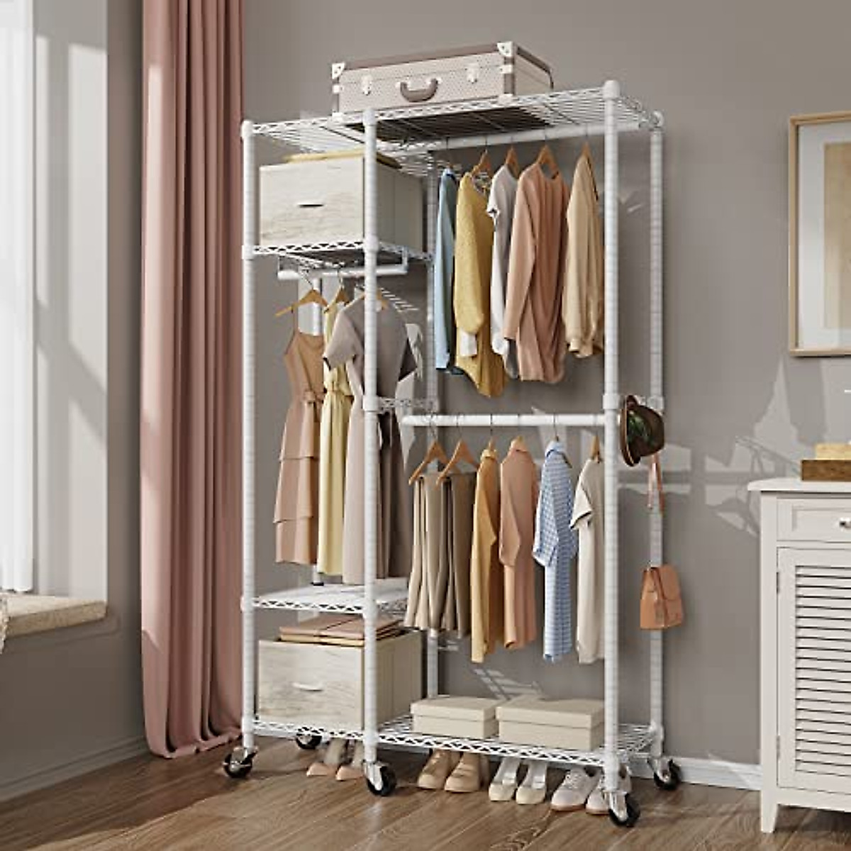 Memobarco Clothes-Rack, Metal Clothing-Rack, Heavy Duty Rolling Garment Rack with 4 Tiers Wire Shelving, 3 Hanging Rods & 2 Storage Drawers, Freestanding Portable Closet Wardrobe, White