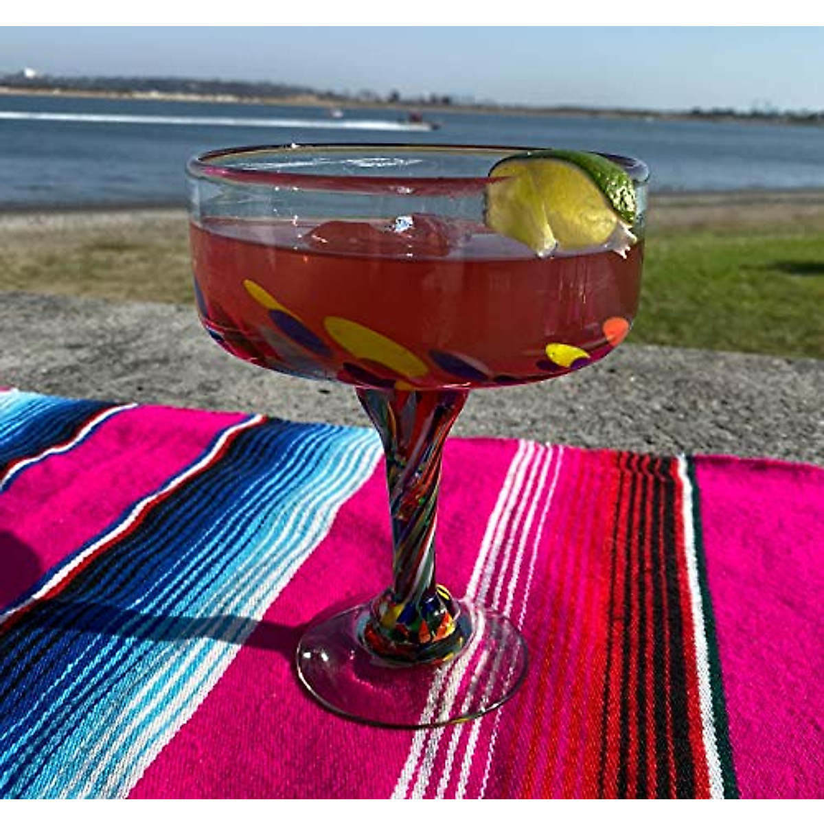 Mexican Hand Blown Glass – Set of 4 Hand Blown Margarita Glasses Confetti Carmen (16 oz)