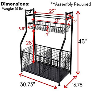 BirdRock Home Sports Equipment Ball Storage Rack for Garage - Baseball, Tennis, Football, Gym and Basketball Gear Organizer - Rack - Wide Bin Basket - 4 Hooks - Tools Garden Shovels Rack - Indoor