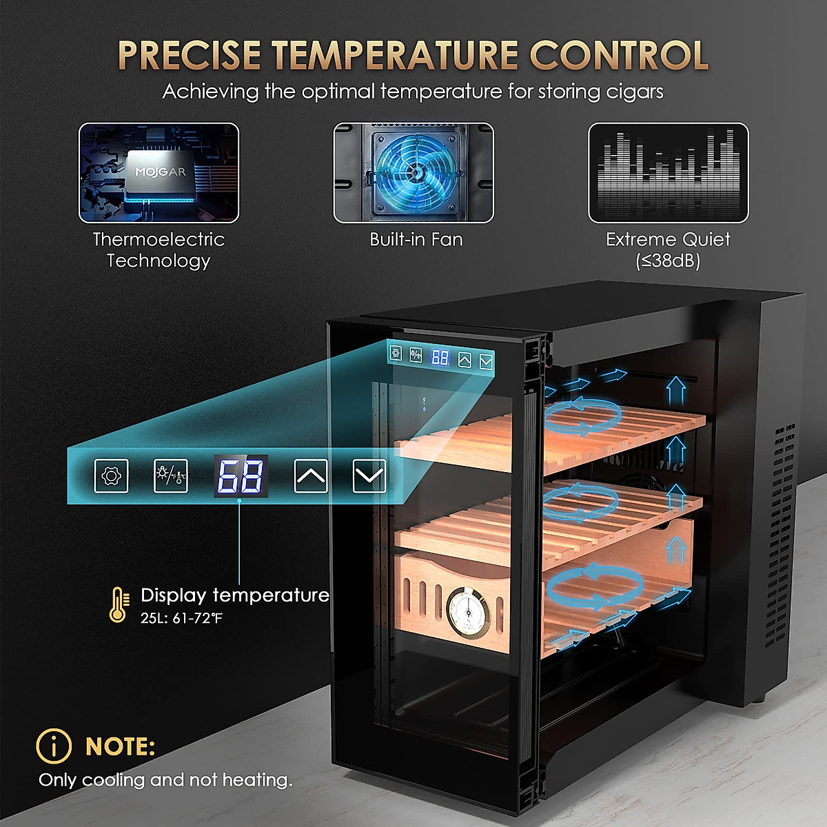Yawhew 25L Electric Cooler Cabinet with Spanish Cedar Sheet Drawer & Tray,Adjustable Temperature Humidity Monitor & Controller,Digital LED Screen,Storage 200 Counts,Gifts for Men