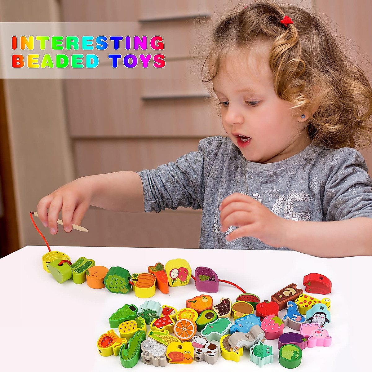 Toys for 2 3 4 Year Old Girls Boys, Toddlers Montessori Wooden Toy Gifts for 18-36 Month Old Babies Kids Educational Learning Threading Toy for Toddler Boy Girl Gift Age 1-4 Child Birthday Present