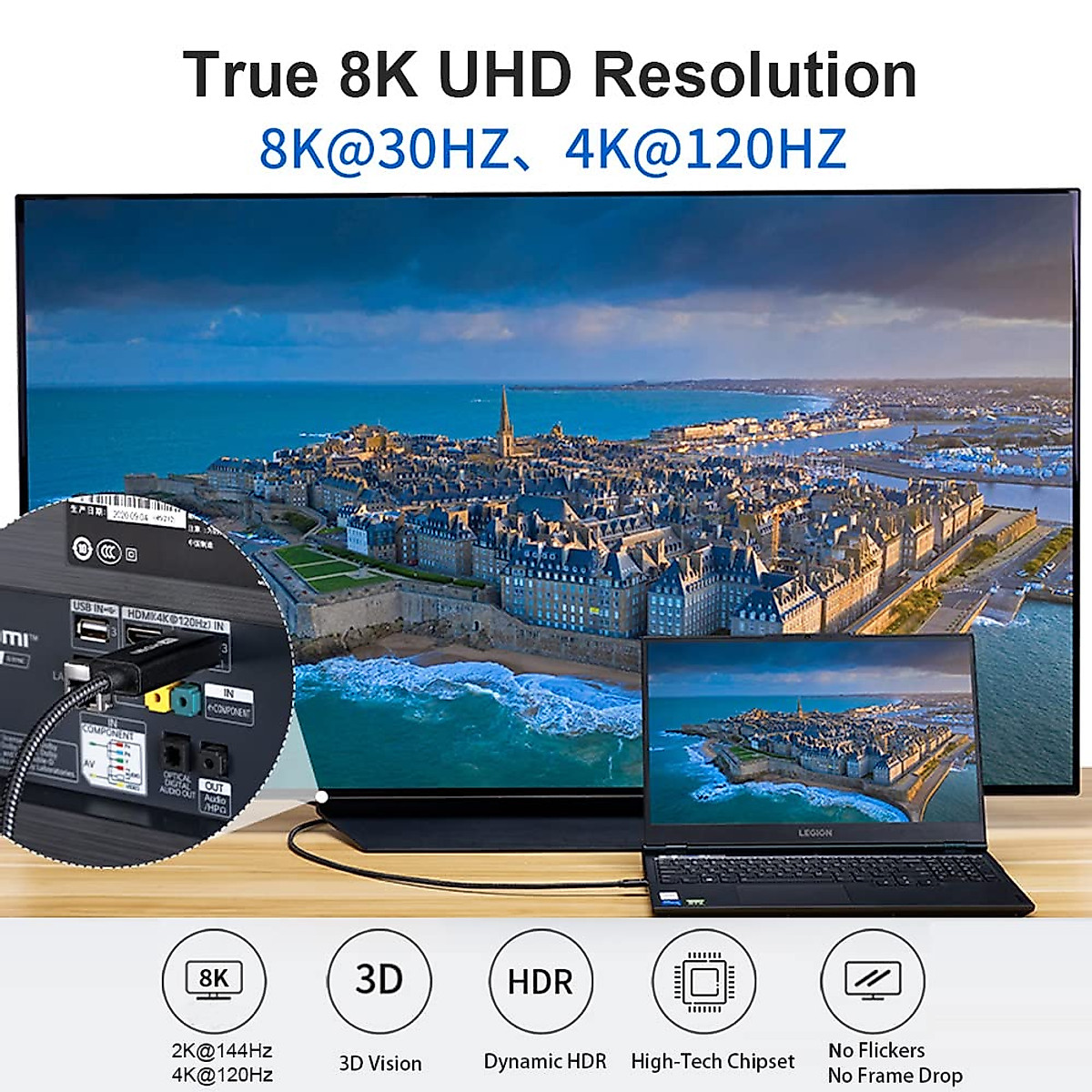 QCEs USB C to HDMI Cable 8K 6.6Ft, Unidirectional Type C to HDMI 2.1 Cable 8K 4K HDR Thunderbolt 3/4 to HDMI Compatible with iPhone 15, MacBook Pro/Air, iMac, XPS, Galaxy S23