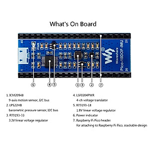 Waveshare 10-DOF IMU Sensor Module for Raspberry Pi Pico, Onboard 9-axis Motion Sensor ICM20948 Baroceptor LPS22HB Chip Incorporate sensors includes Gyroscope Accelerometer Magnetometer Baroceptor