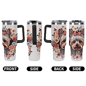 WYUSPGK 40oz Stainless Steel Car Mug, Yorkie Floral Print Travel Mug, Double-Wall Insulated with Straw, Perfect for Car, Office, Outdoor